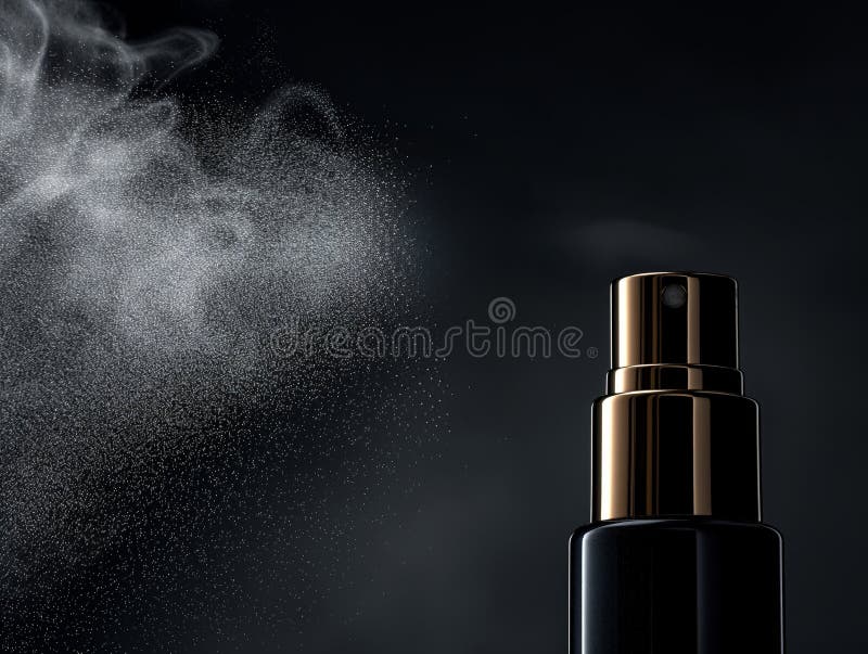 Black Spray Bottle with Mist on Dark Background Stock Photo - Image of ...