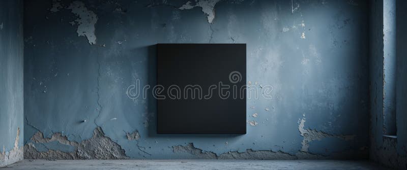 Black Square Canvas Hanging on a Grunge Blue Wall in Empty Room. Stock ...