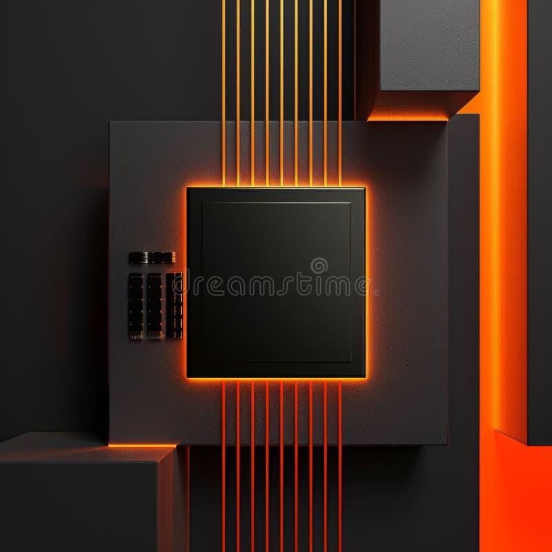 A Black Square Computer Chip with Orange Lights Lines and Background ...