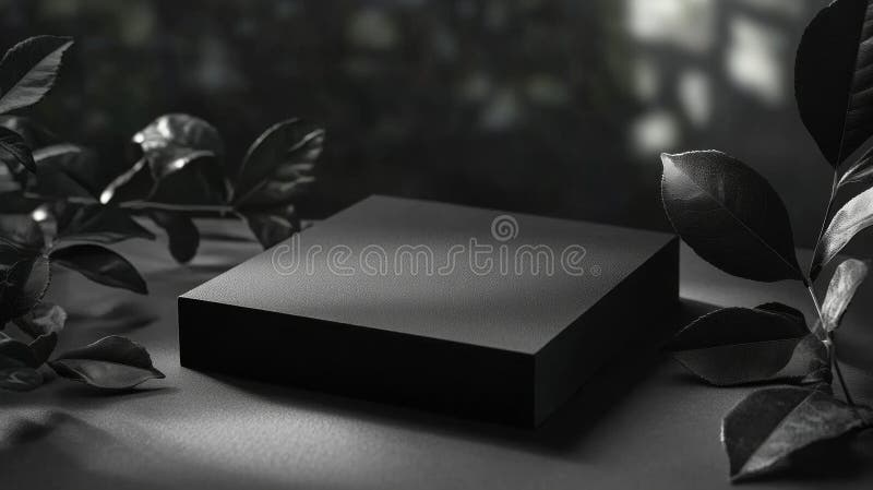 Black Square Display Platform with Dark Leaves Stock Illustration ...