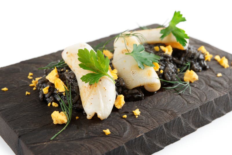 Black Squid Ink Rice and Fried Calamar Stock Photo - Image of seafood ...