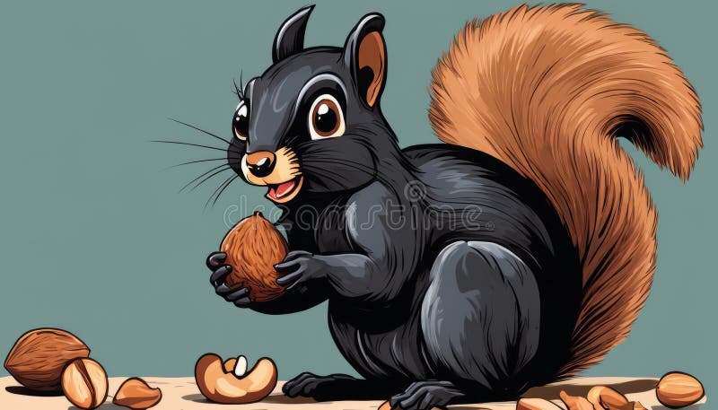 A Black Squirrel Eating a Nut Stock Illustration - Illustration of ears ...