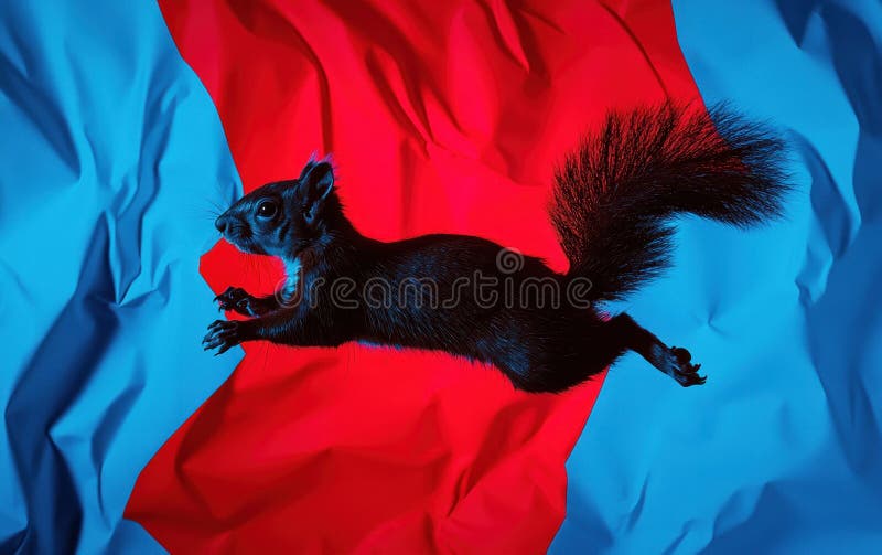 Black Squirrel Leaping Across Red and Blue Fabric Stock Illustration ...