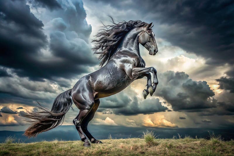Black Stallion Rearing, Dramatic Sky, Mountain Meadow, Sunset Stock ...