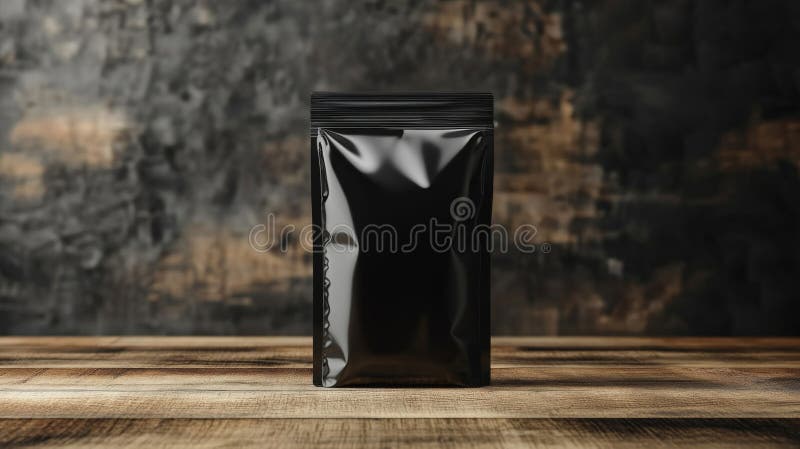 Black Stand-Up Pouch Mockup on Wooden Table Stock Illustration ...