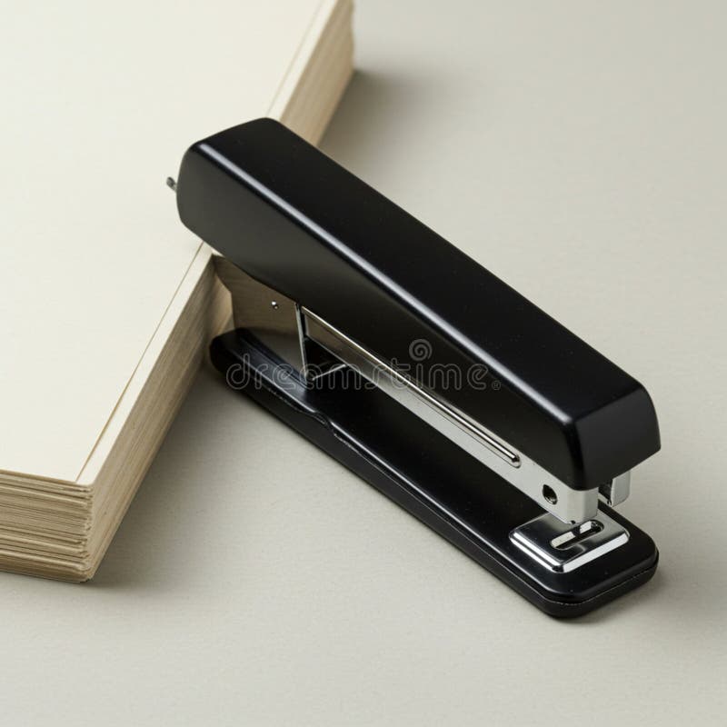 Black Stapler on a Light Gray Surface, Next To a Stack of Beige Paper ...