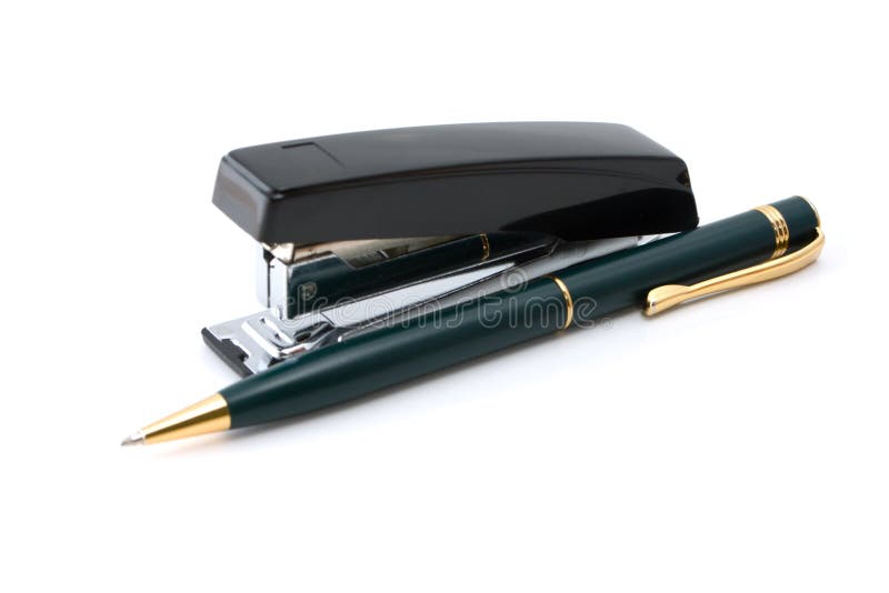 Black stapler and pen`s stock photo. Image of white, office - 10644054