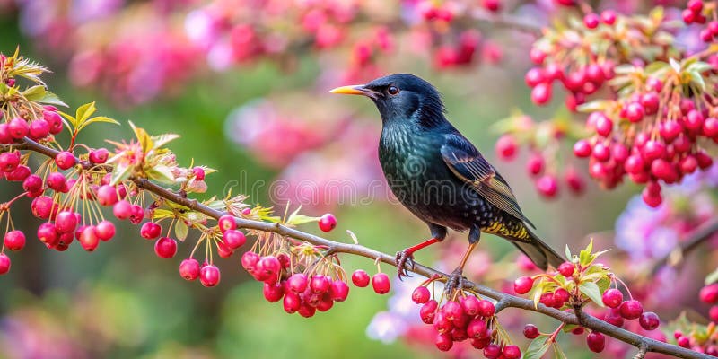 The Black Starling Sits in a Spring Garden between the Blossoming ...