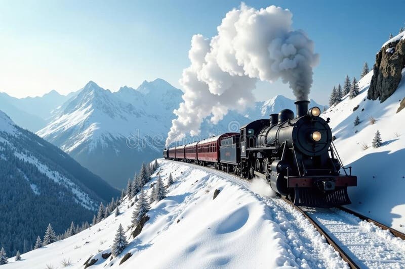 Black Steam Train Climbs Snowy Mountain Range, Winter Scene , Scenic ...