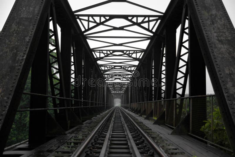 Black Steel Railway Train Bridge Perspective Scenery in Rural Area ...