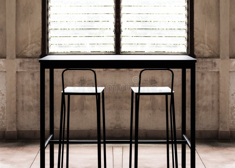 Black Steel Table Bar and Stool with Louvre Window Stock Image - Image ...