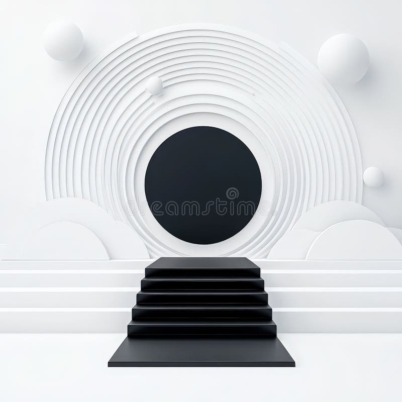 Black Steps and Abstract White Background with Circle and Sphere ...