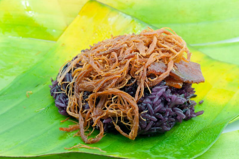 Black Sticky Rice with Fried Pork Stock Photo - Image of asia, banana ...