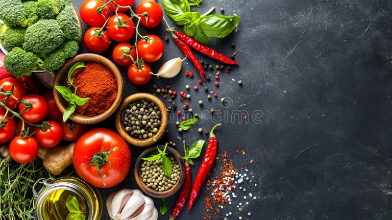 Black Stone Cooking Background. Spices and Vegetables. Top View. Ai ...