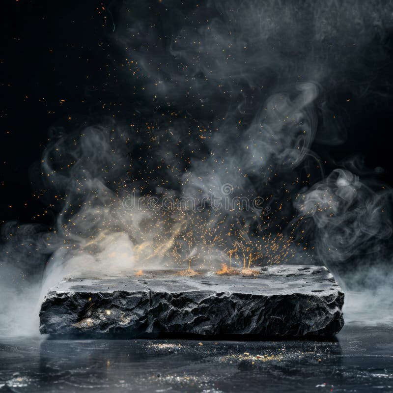 Black Stone Platform with Smoke and Sparks Stock Illustration ...