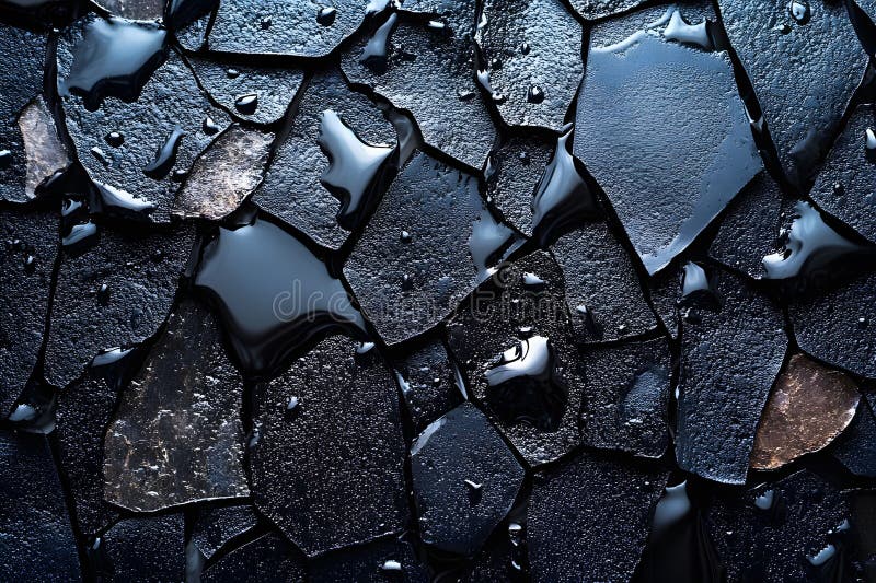 Abstract Close-Up of Glossy Black Stone Texture with Water Droplets ...