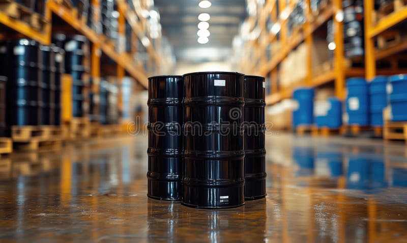 Black Storage Barrels Stacked in Industrial Warehouse with Organized ...