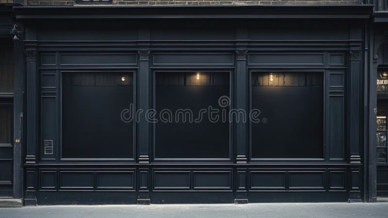 Black Storefront with Three Windows and a Sign on the Front Stock Image ...