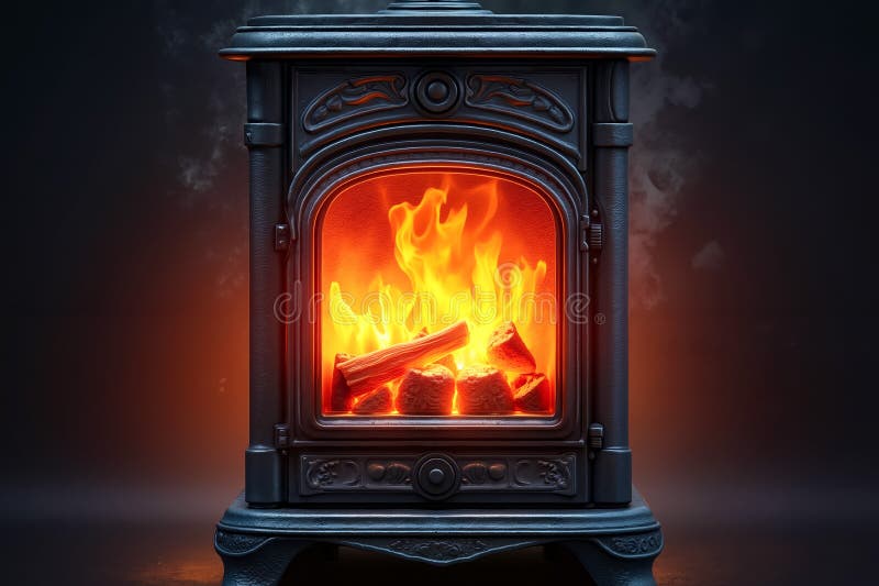 A Black Stove with a Fire Burning Inside of it Stock Photo - Image of ...