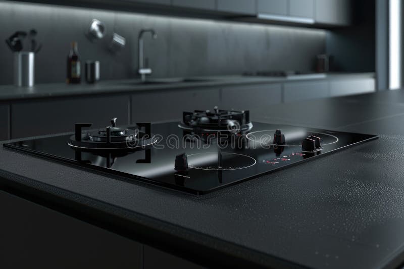 A Black Stove Top on a Kitchen Counter with a Classic Design Stock ...