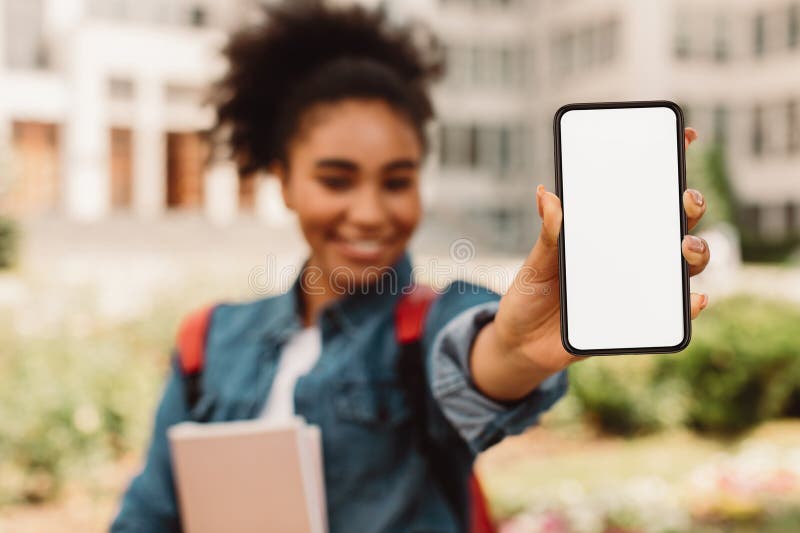 Black Student Girl Showing Smartphone Empty Screen Standing Outside ...