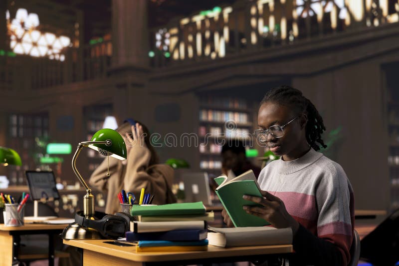 Black Student Reading Books and Handwritten Class Notes Right before ...