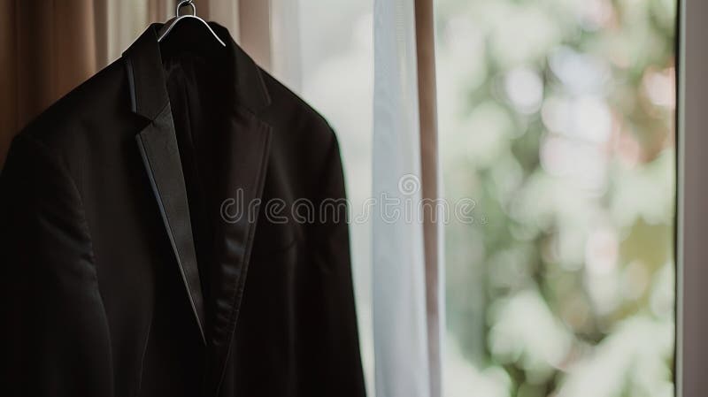 Black Suit Jacket Hanging on a Hanger by a Window with Blurred Green ...