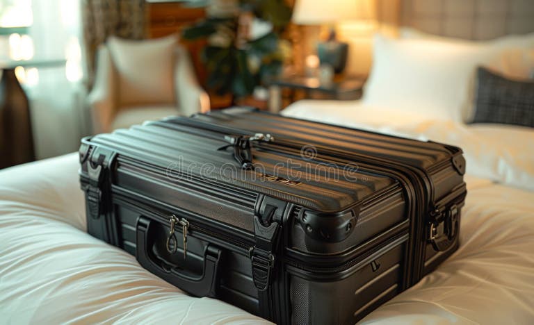 A Black Suitcase is on a Bed with a White Sheet. the Suitcase is Open and Has a Zipper on the ...