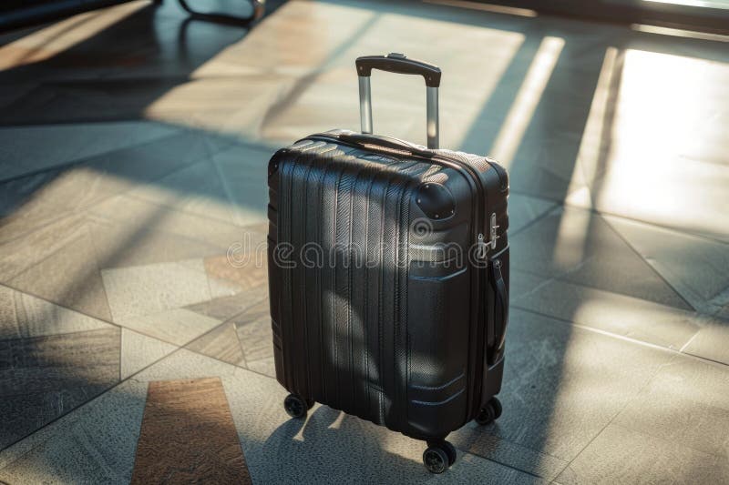 Black Suitcase Standing on Floor in Airport Terminal by Gate Window ...