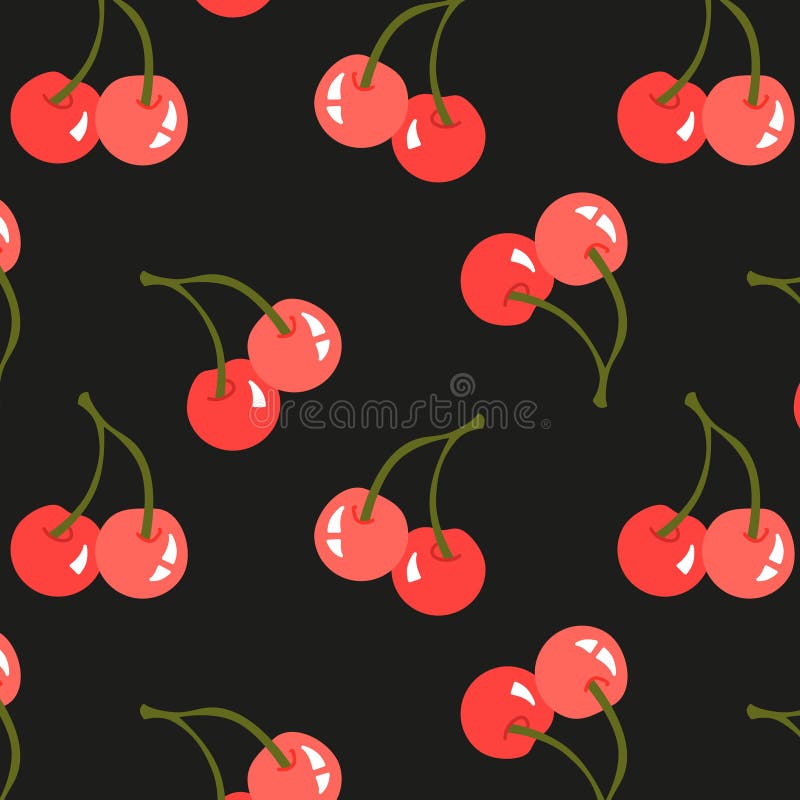 Black Summer Pattern with Cherry. Red Cherries Vector Seamless Pattern ...