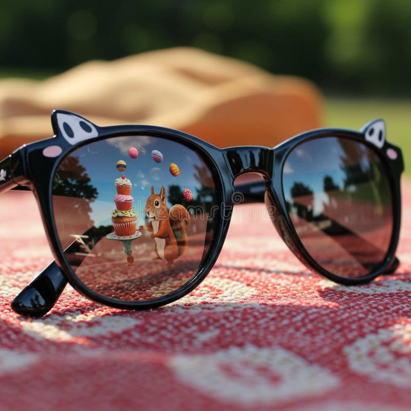 Black Sunglasses with Cartoon Cat Ear Design Lying on a Red and White ...