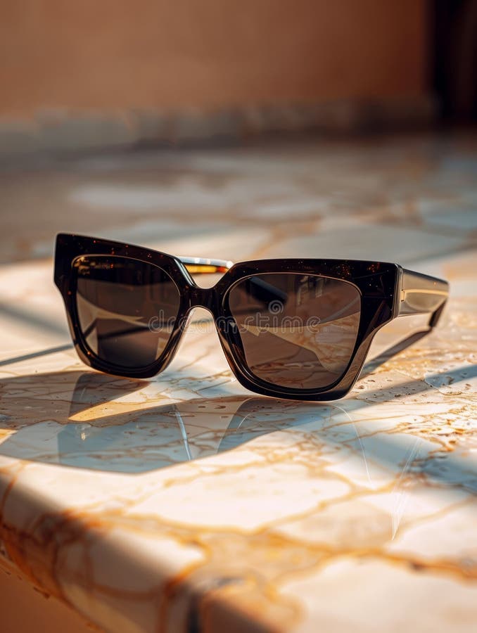 Black Sunglasses on a Marble Table with Shadows and Reflections. Stock ...