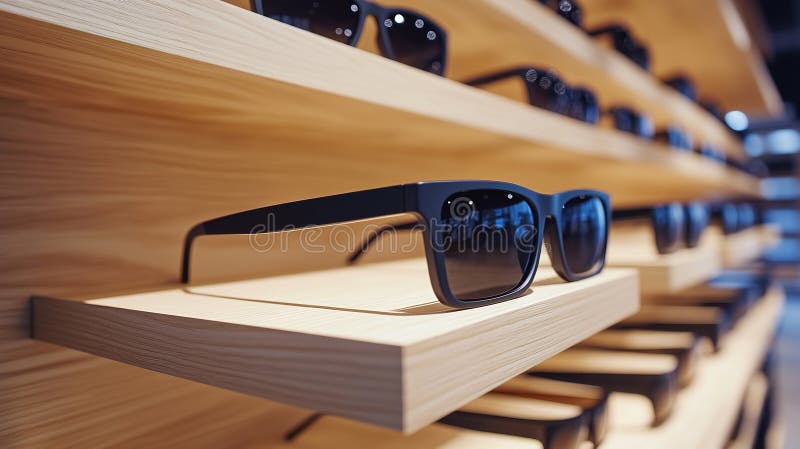 Black Sunglasses on Wooden Display in Store Stock Illustration ...
