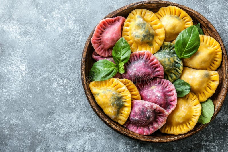 On a Black Surface, Garnished with a Leaf, Colorful Dumplings Form a ...