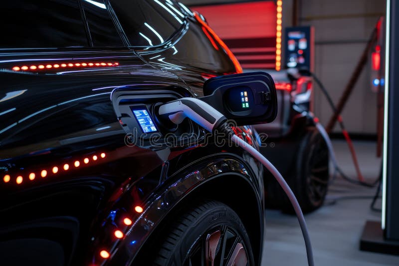 Black Suv Charging at Electric Station with Close Up of Cable, Display ...