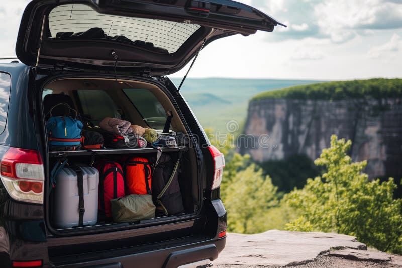 Black Suv with Open Trunk, Camping Gear Inside, Cliffside View Stock ...
