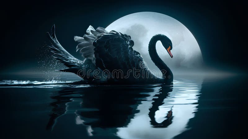 Black Swan on the Lake in the Night of the Full Moon. Stock Image ...