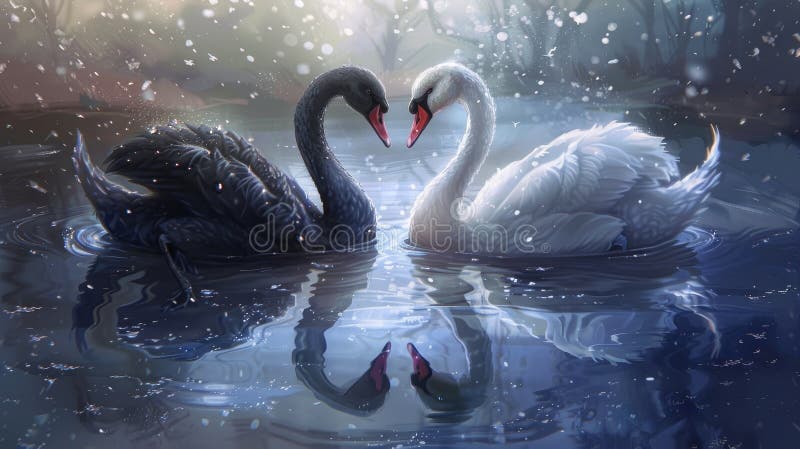 Black Swan and White Swan Side by Side Fantasy Art Stock Illustration ...