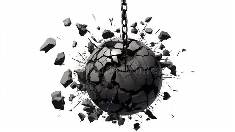 Black Swinging Wrecking Ball Crashing into a Wall on White Background ...