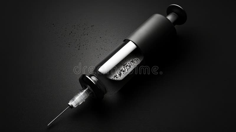 Black Syringe on Dark Background with Sparkling Particles Reflecting ...