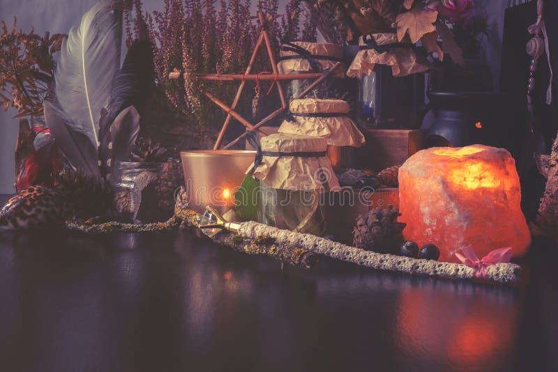 Black Table with Magic Items, Candles, Pentacle Star, Magic Wand. Space ...