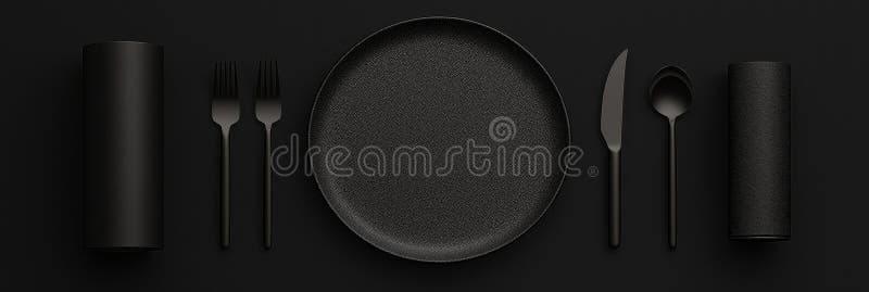 Black Table Setting with Plate, Two Forks, Knife, Napkin, and Coaster ...