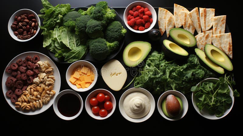 A Black Table Topped with Bowls of Food. Stock Photo - Image of salad ...