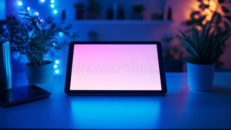 Black Tablet with Blank Screen on Desk with Plants and Blue Ambient ...