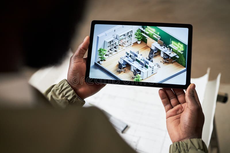 Black Tablet with Layout Plan in Male Hands Stock Photo - Image of ...