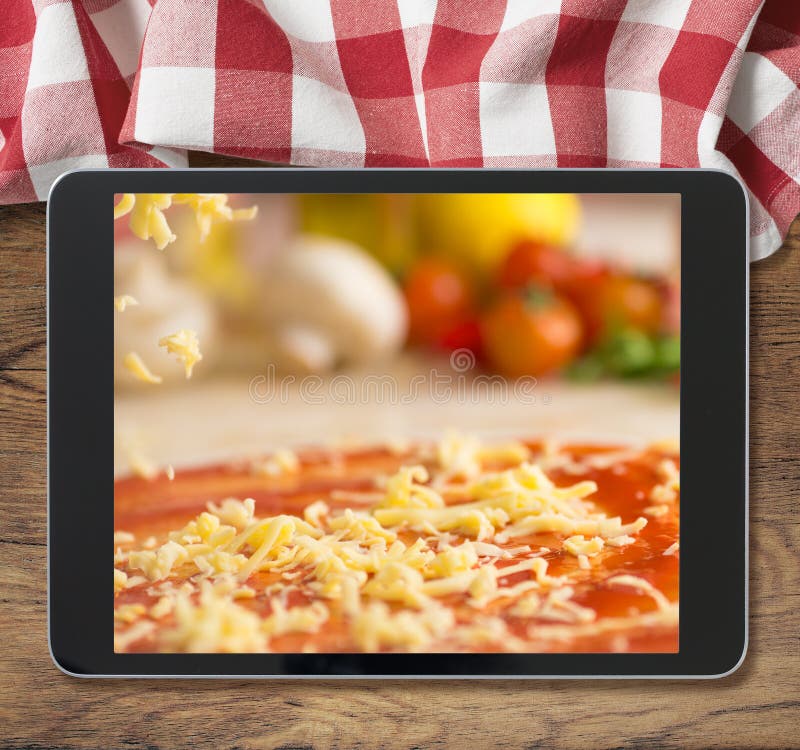 Black Tablet Pc with Pizza Displayed on Wooden Table and Picnic ...