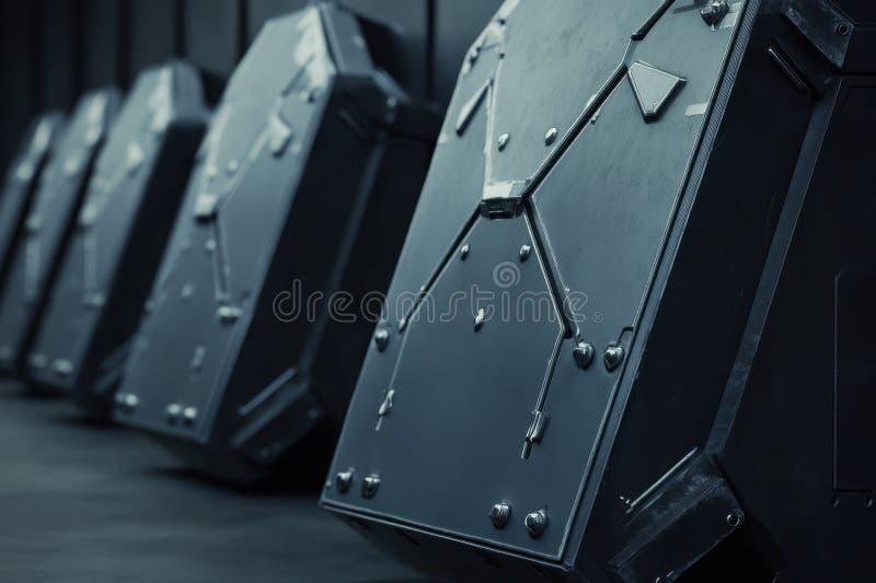 Black Tactical Shields Lined Up in a Modern Security Facility Stock ...
