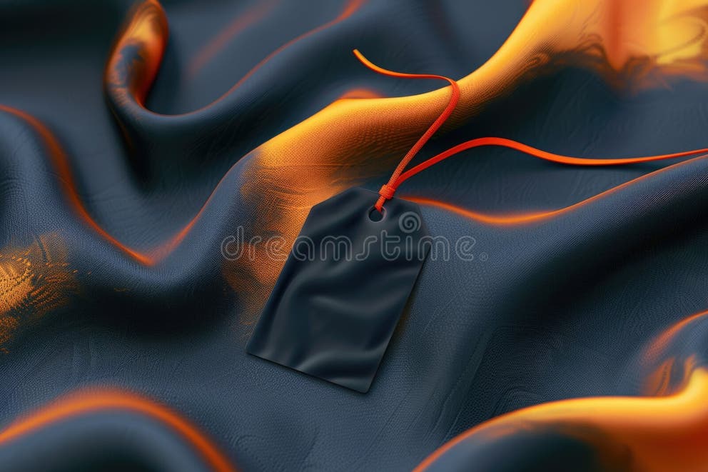 A Black Tag with Flames on a Blue Fabric Stock Image - Image of symbol ...