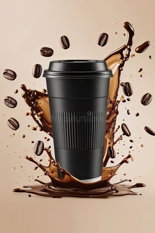 Black Takeaway Coffee Cup with Splash and Coffee Beans Stock ...