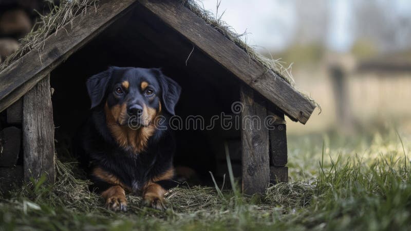 Black and Tan Dog Resting Inside Rustic Wooden Dog House Stock ...
